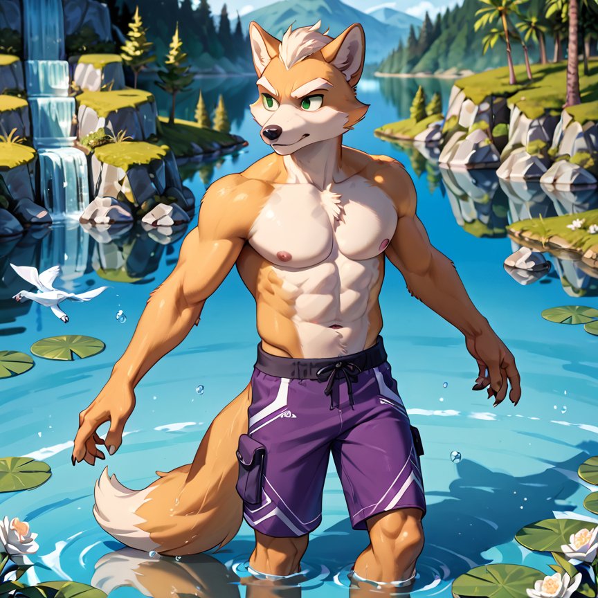 Fox McCloud wearing black swim trunks | furry.ai