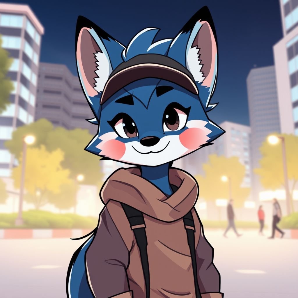 Cute blue male fox smirking | furry.ai