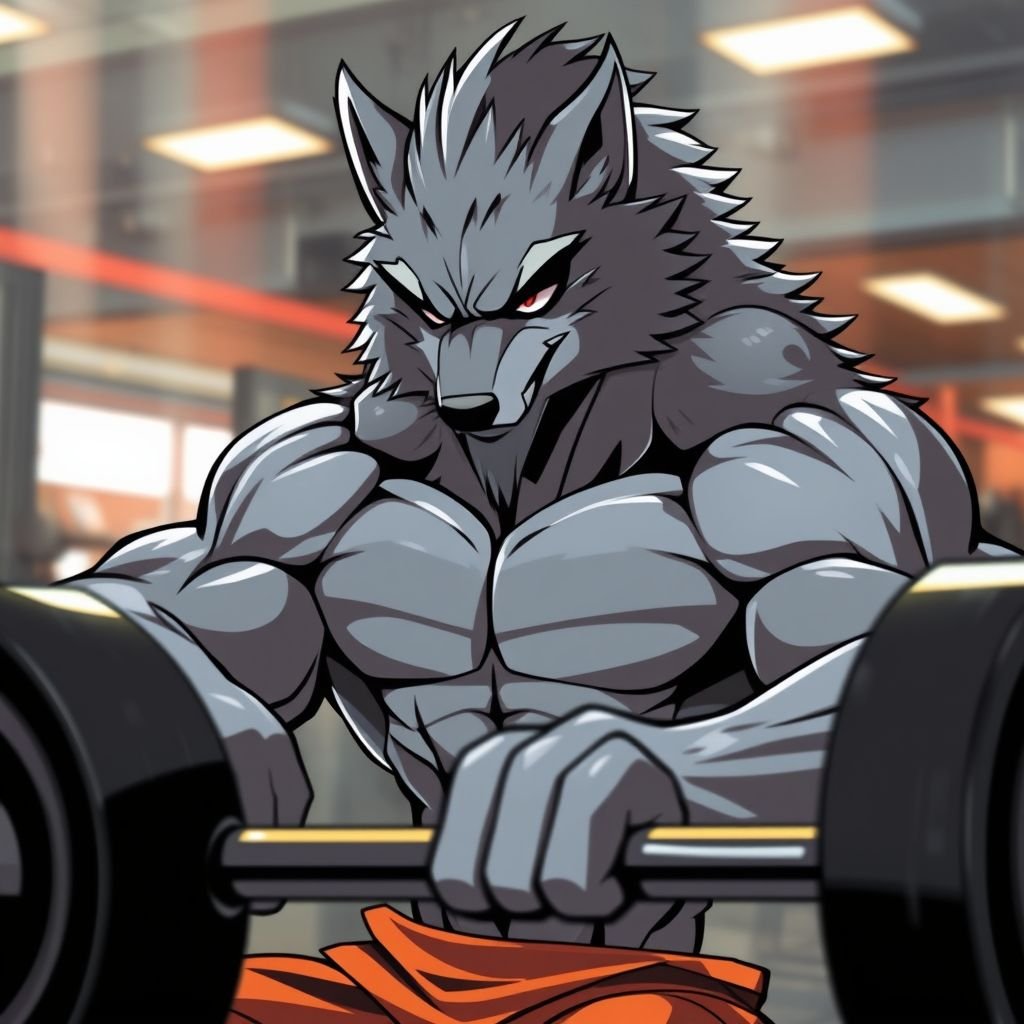 anime style;Wolf, muscular, gym, bench press, | furry.ai