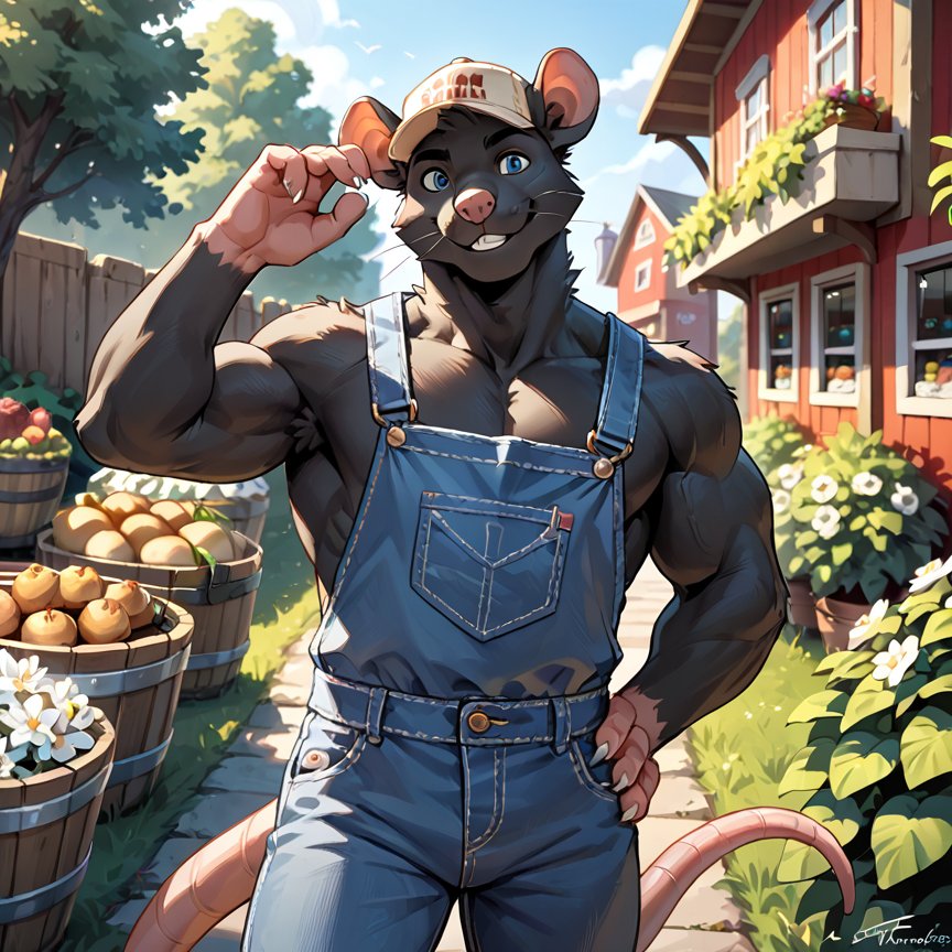 Black rat male farmer wearing overalls | furry.ai