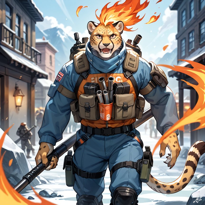 Fire and ice soldier, male cheetah | furry.ai