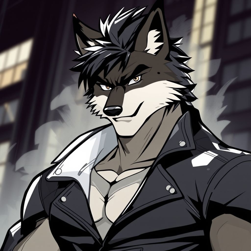 Muscled male wolf wearing a leather | furry.ai