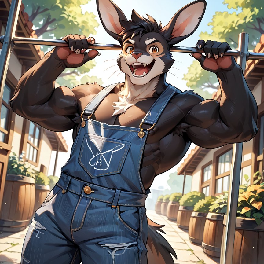 A black muscular male bunny wearing | furry.ai