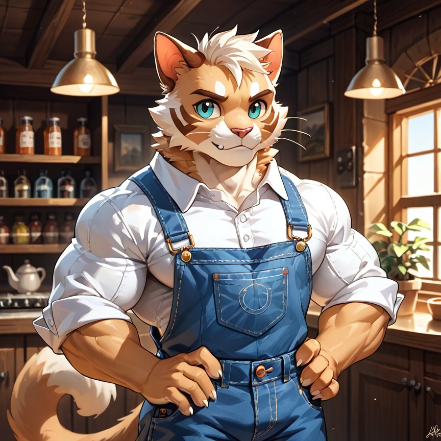 Meowser with muscles wearing overalls | furry.ai