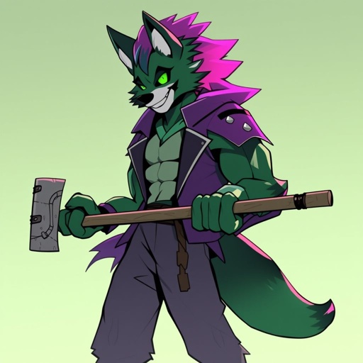 Pure, black male wolf emerald green | furry.ai