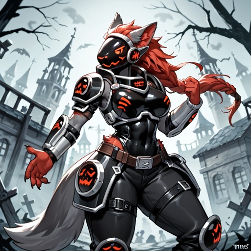 A larger female protogen, badass, zombie | furry.ai