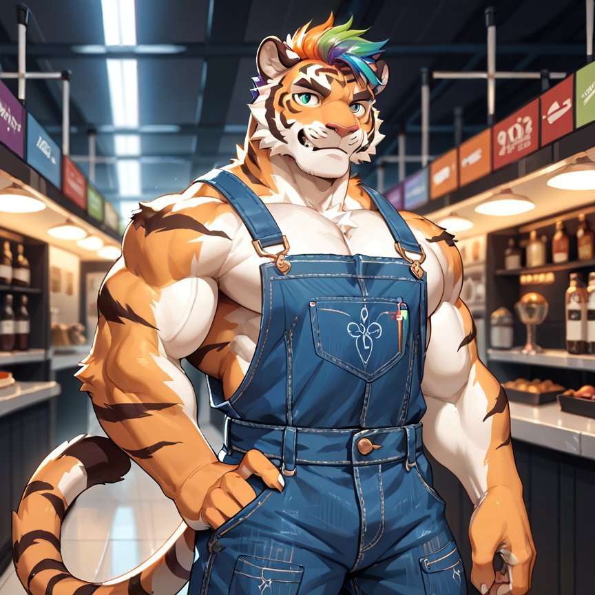 A male muscular tiger with rainbow | furry.ai