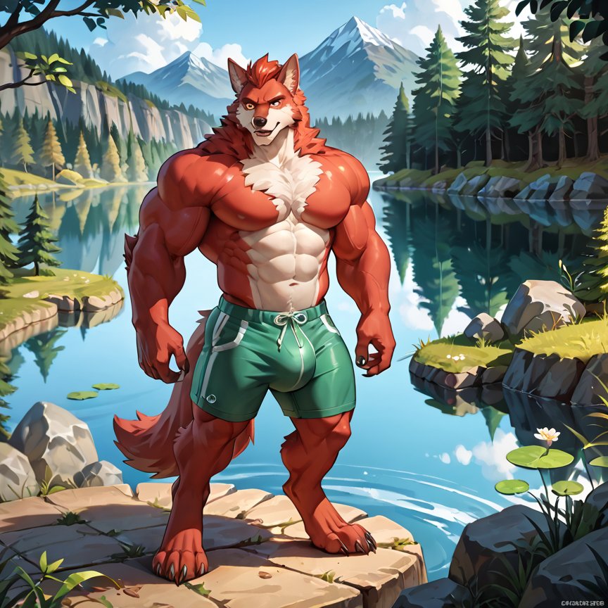 A male muscular red werewolf standing | furry.ai