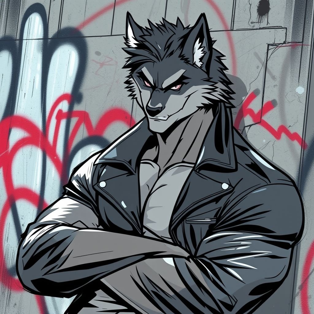 Muscled male wolf wearing a leather | furry.ai