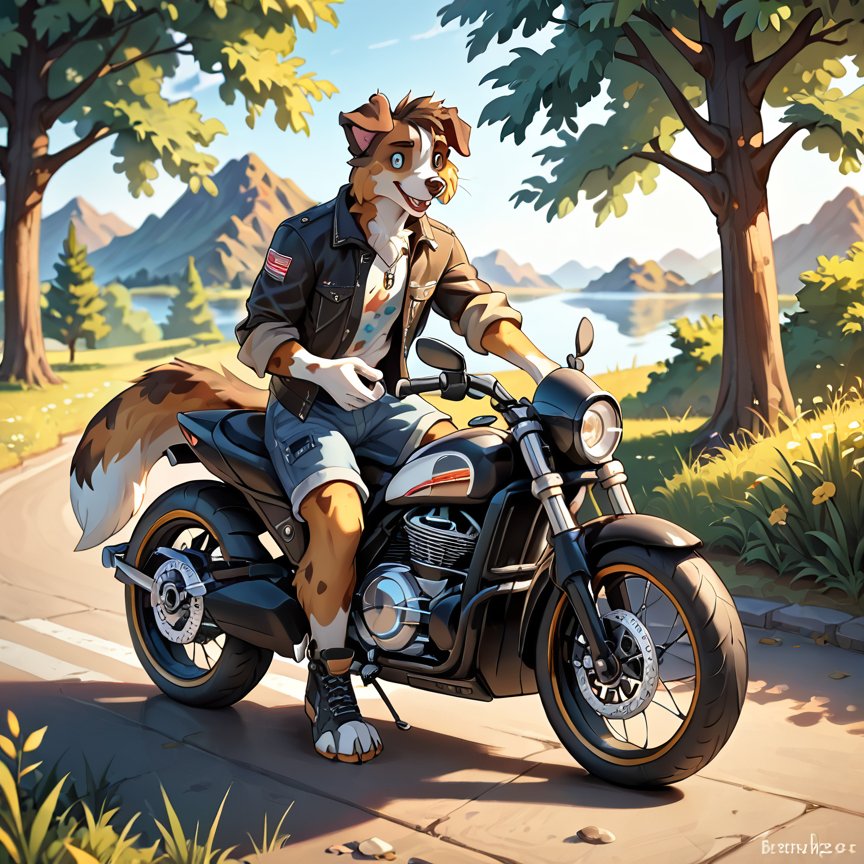 Australian shepherd male on a motorcycle | furry.ai