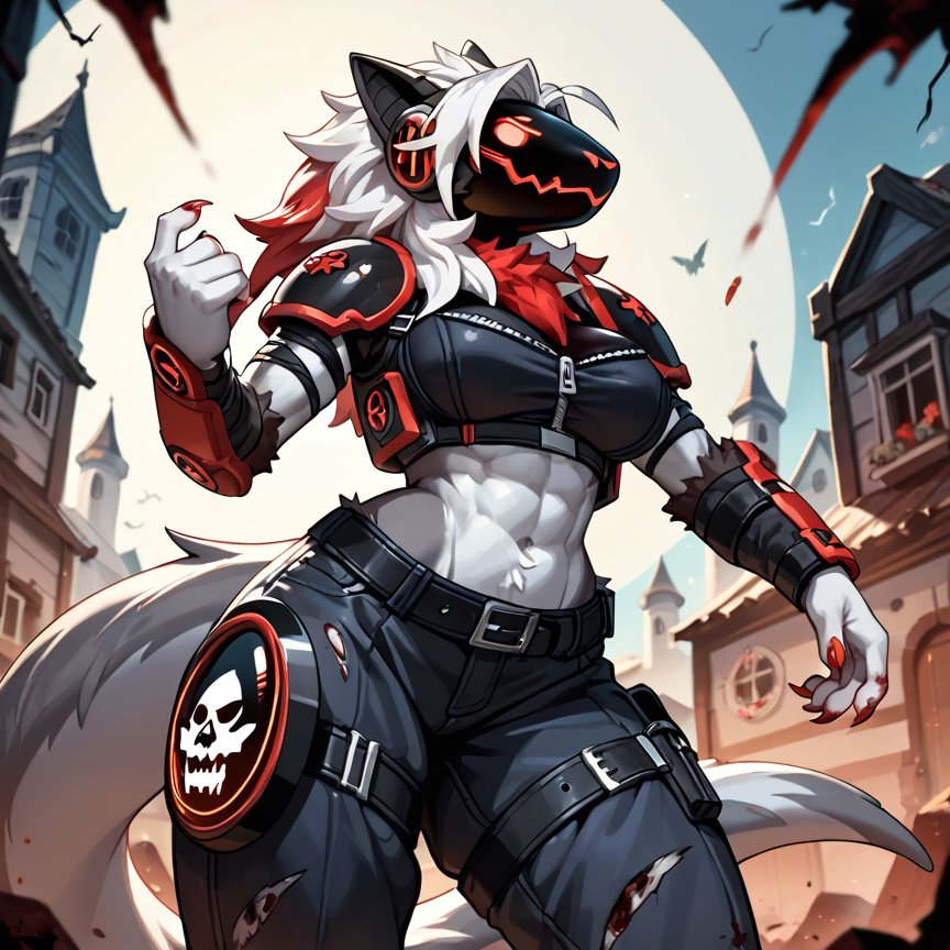 A larger female protogen, badass, zombie | furry.ai