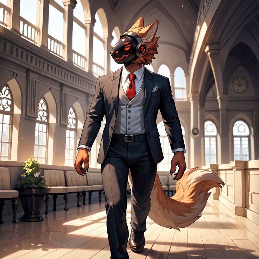 A red male protogen wearing a | furry.ai