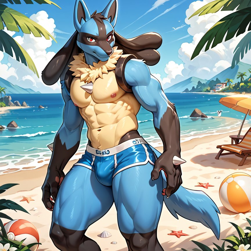 A male Lucario that wears speedos, | furry.ai