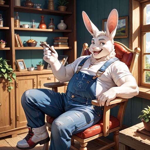 Chubby male rabbit in overalls in | furry.ai