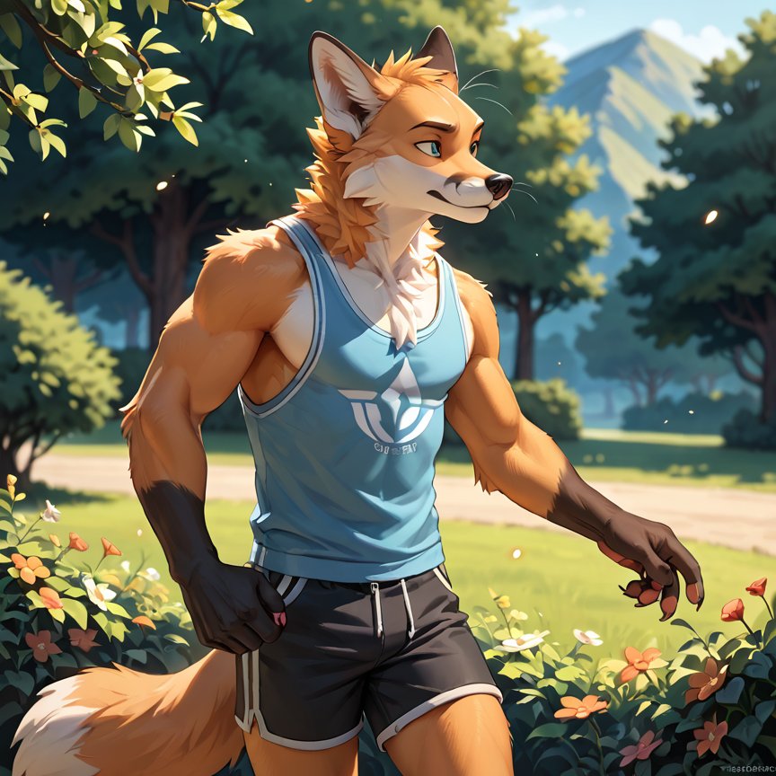 Male fox wearing a tank top | furry.ai